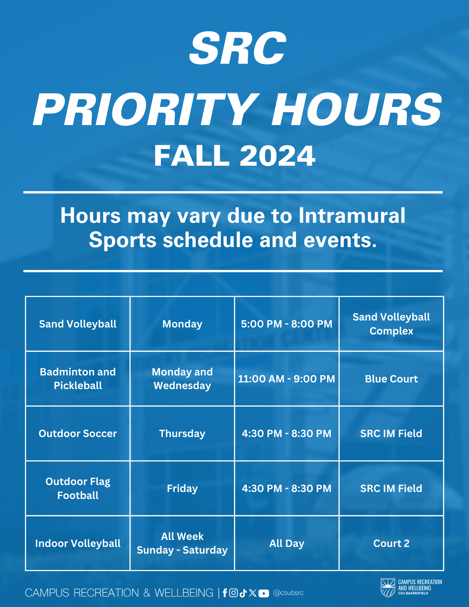 Facility Hours | California State University, Bakersfield